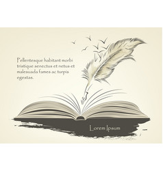 Writing feather paint with flying birds and book Vector Image
