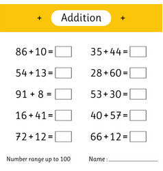 Addition number range up to 20 math worksheet Vector Image