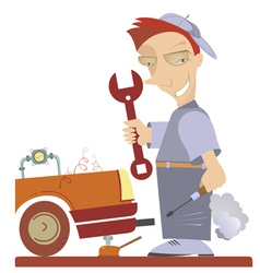 Mechanic cartoon with car for you design Vector Image