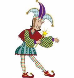 Colorful jester character joyfully spreading arms Vector Image