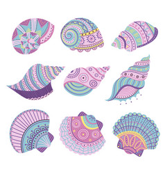 Seashells colorful outline seashell set Royalty Free Vector