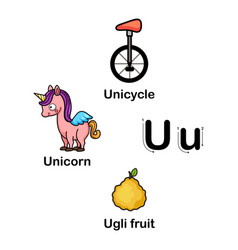 Alphabet letter u-ufo unicorn umbrella Royalty Free Vector