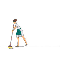 Single one line drawing young man mopping floor Vector Image