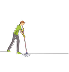 Single one line drawing young man mopping floor Vector Image