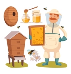Female beekeeper cartoon character in suit holding