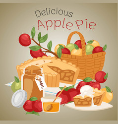 Apple pie ingredients pattern on blue background Vector Image