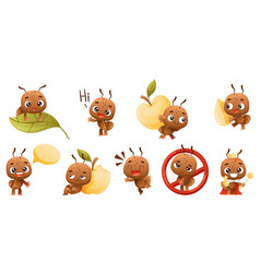 Cute Little Ant Character Engaged In Different Vector Image