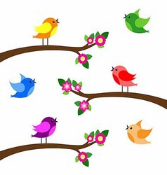 Colorful birds sitting on tree branch Royalty Free Vector