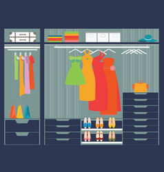 Flat design walk in closet with shelves Royalty Free Vector