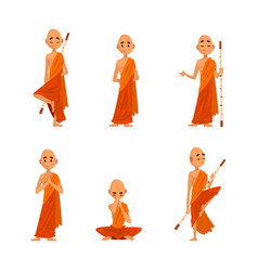 Buddhist monk cartoon character praying in orange Vector Image