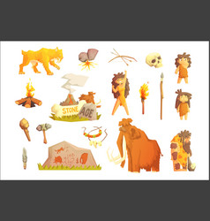 Primitive stone age people flat icon set Vector Image