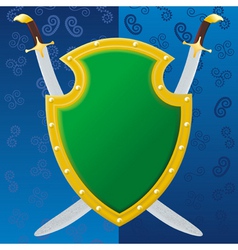 Shield with swords and ribbon Royalty Free Vector Image