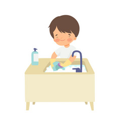 Cute boy dish washing Royalty Free Vector Image