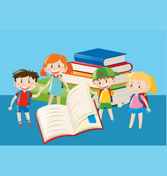 Many children reading books Royalty Free Vector Image