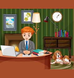Scene with boy working on computer at home Vector Image
