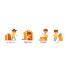 Little boy and carton box as prepositions place Vector Image