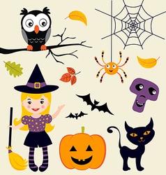 Cute halloween with owl black cat and spider Vector Image