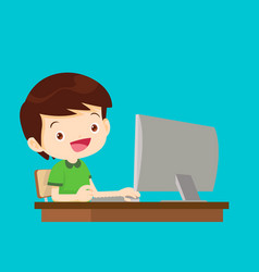 Student boy learning computer hand up Royalty Free Vector