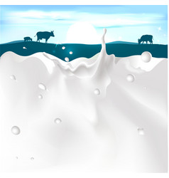 Design with cow milk splash and landscape Vector Image