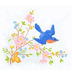 Cartoon blue bird singing on tree branch Vector Image