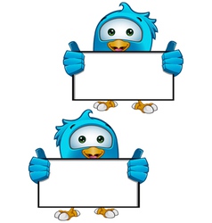 Cute blue bird cartoon holding blank sign Vector Image