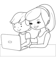 Mother and daughter on computer Royalty Free Vector Image