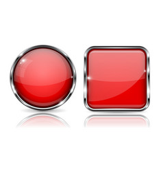 Red glass 3d buttons with chrome frame on metal Vector Image