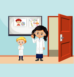 Science teacher teaching students in classroom Vector Image