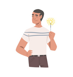 Smiling man with burning sparklers joyful guy Vector Image