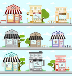 Shops and stores front icons set flat style Vector Image