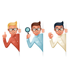 Cartoon graduate boy look out corner promotion Vector Image