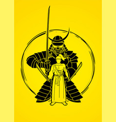 Samurai warriors with swords action cartoon Vector Image