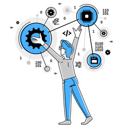 Technician computer engineer repairing pc outline Vector Image