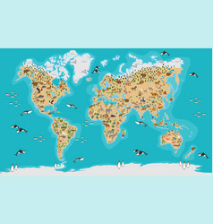 World map with wildlife animals and plants Vector Image