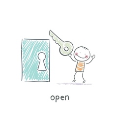 Cartoon stickman opens the door and looks Vector Image