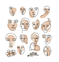 Set female face continuous line art abstract Vector Image