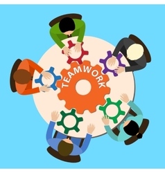 Happy friends gathering around table eating lunch Vector Image