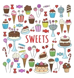 Cakes set hand drawn colorful doodle Royalty Free Vector
