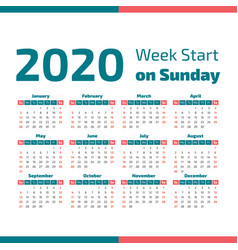 Simple 2020 year calendar Royalty Free Vector Image