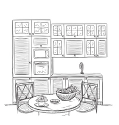 Line drawing a cozy kitchen Royalty Free Vector Image