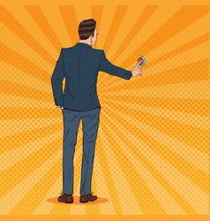 Pop art male hand pressing a big red button Vector Image