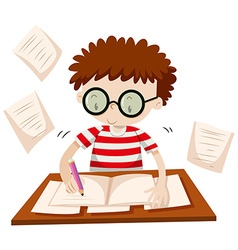 Funny boy cartoon writing above a desk Royalty Free Vector