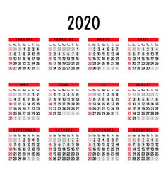 2020 year calendar isolated on white background Vector Image