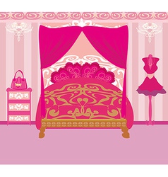 Bedroom scene with pink bed Royalty Free Vector Image