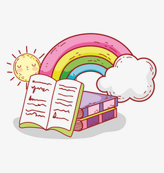 Happy kids flying on big open book Royalty Free Vector Image