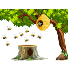 Cartoon bees with honey under a tree Royalty Free Vector