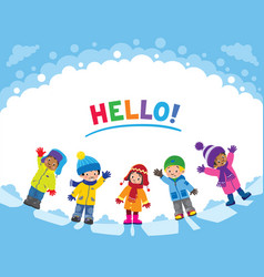 Cartoon different children enjoying winter hello Vector Image