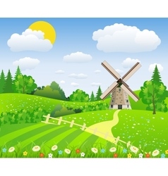 Farm landscape with shed and windmill Royalty Free Vector