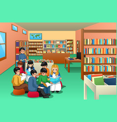 Cartoon kids studying in library Royalty Free Vector Image