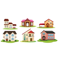 Red cartoon house exterior with blue clouded sky Vector Image